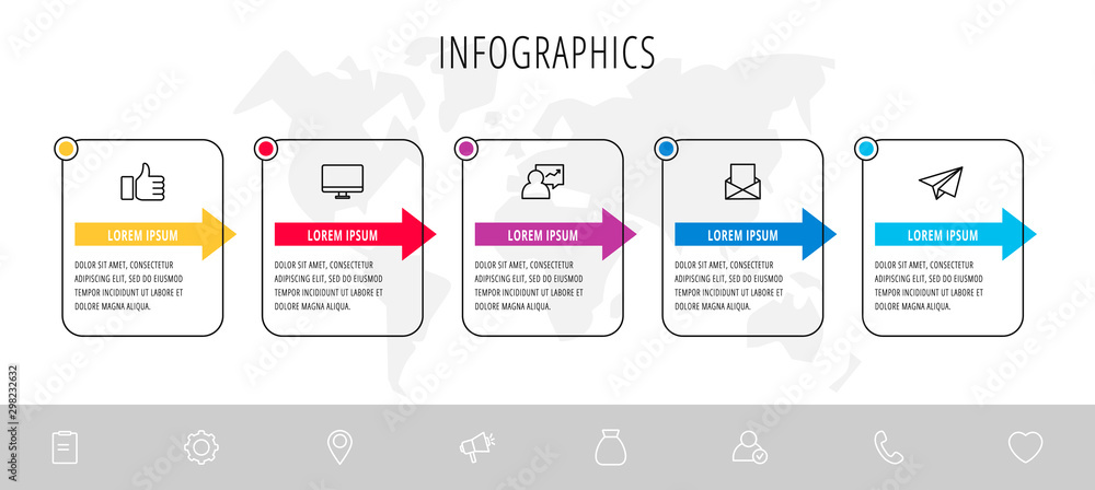 Fototapeta mapa świata dla dzieci Line vector infographic flat template. Rectangles with arrows ...