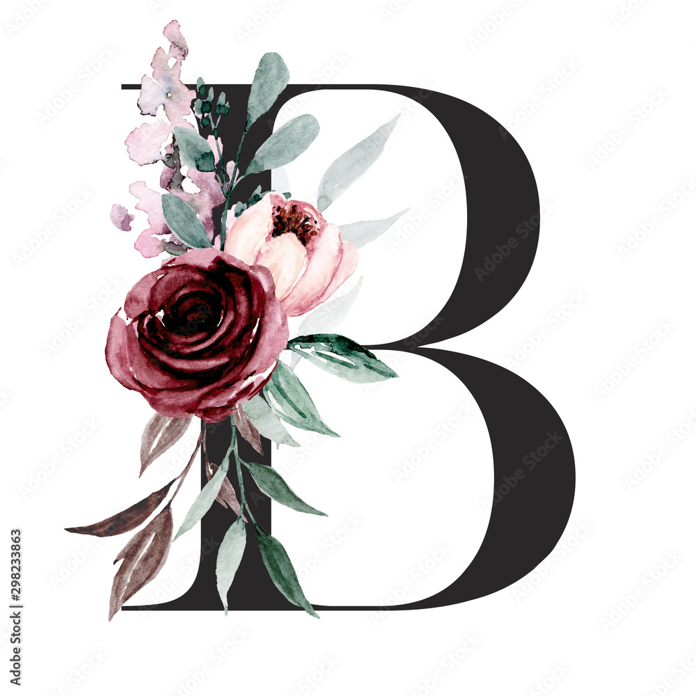 Alphabet, letter B with watercolor flowers and leaf. Floral monogram ...
