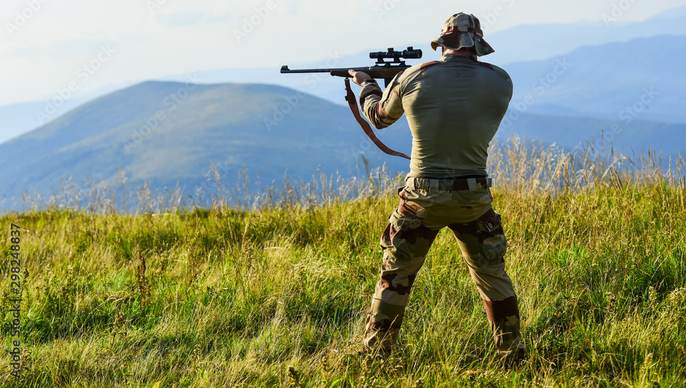 Nice shot. Army forces. Man military clothes with weapon. Brutal ...