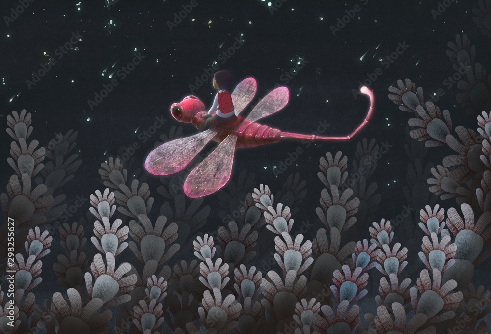 fantasy scene boy riding giant dragonfly in starry night sky , child ...