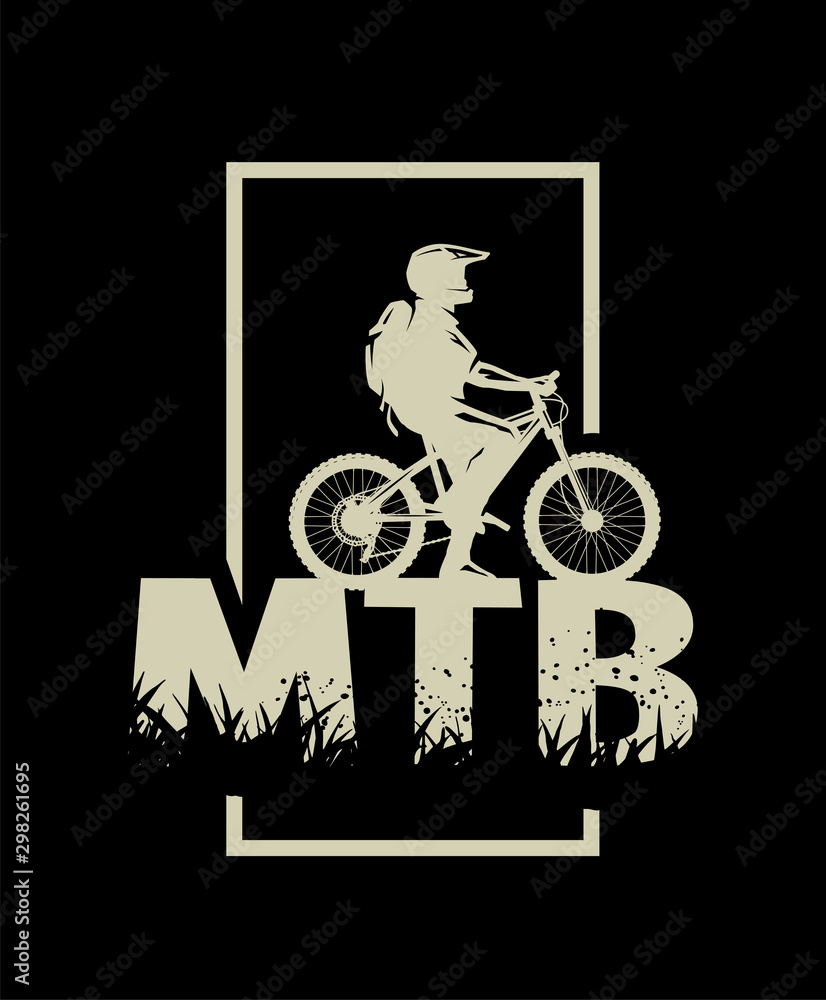 Silhouette of a cyclist on and the MTB letters on a dark background ...