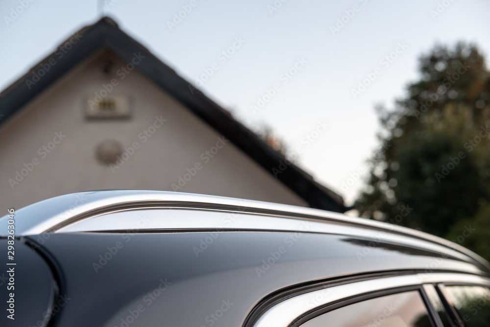 Detailed, shallow focus view of a Swedish-built SUV cars side door ...