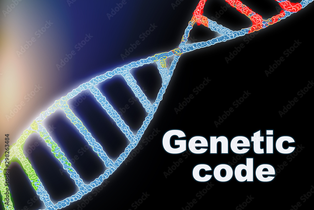 DNA structure Digital colour illustration in black background. Text ...