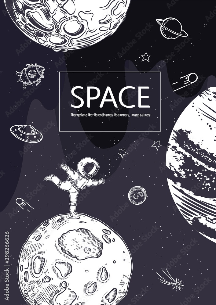 Space background. Outline astronaut, planets, satellites, flying ...
