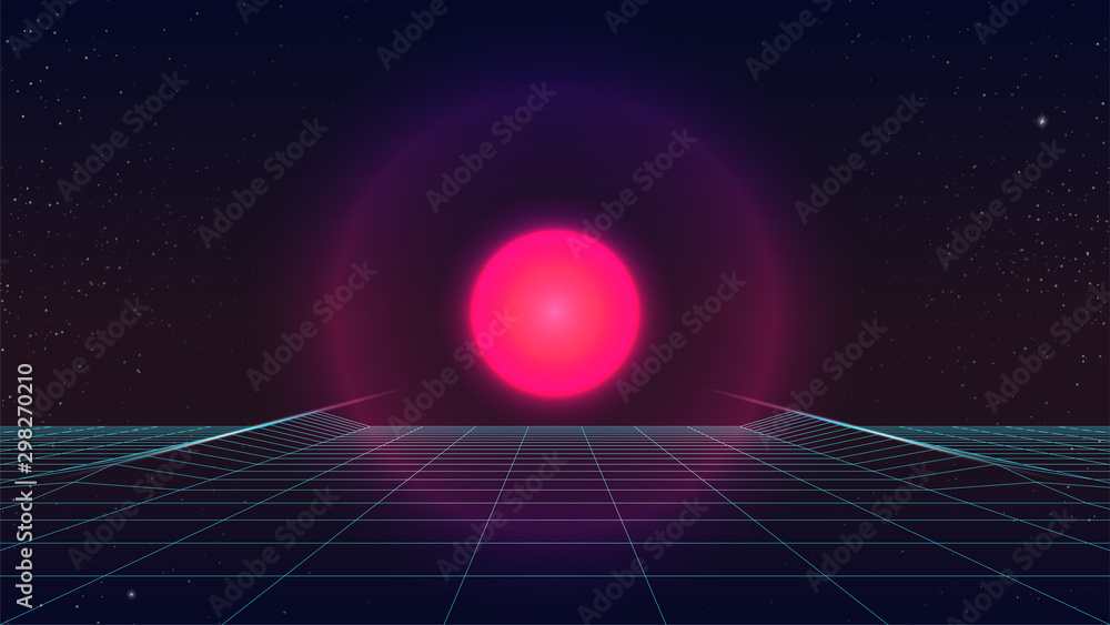 Vetor de Synthwave Sunset Background. Futuristic Pink Sun on starry sky ... Vetor de Synthwave Sunset Background. Futuristic Pink Sun on starry sky ...
