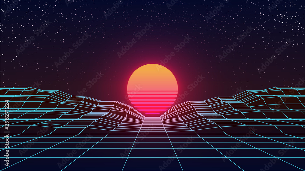 Synthwave Sunset. Retro Futuristic Sun on blue Wireframe landscape. 80s style Background. Starry ...