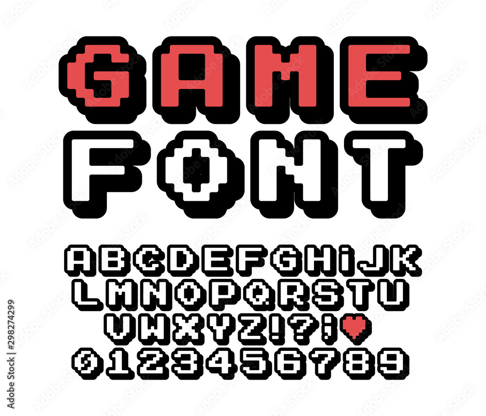Pixel font vector letters set. Game design. Font of old games. 8 bit ...