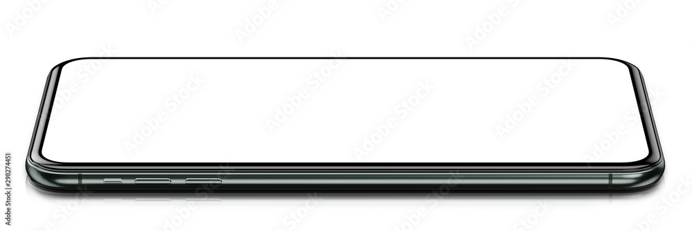 Smartphone Pro frameless blank screen lying on flat glossy surface ...