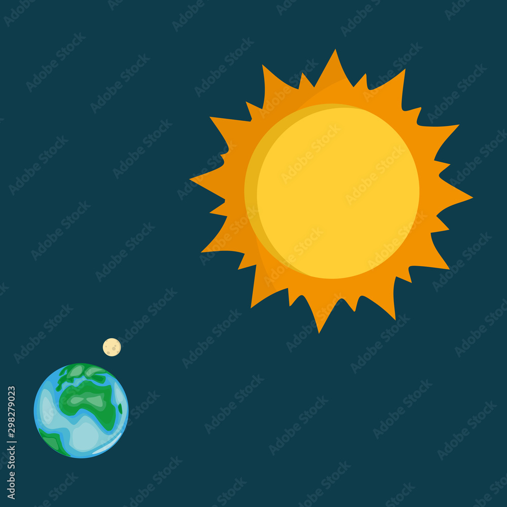 Cute cartoon Earth and moon around Sun. Modern flat space illustration ...