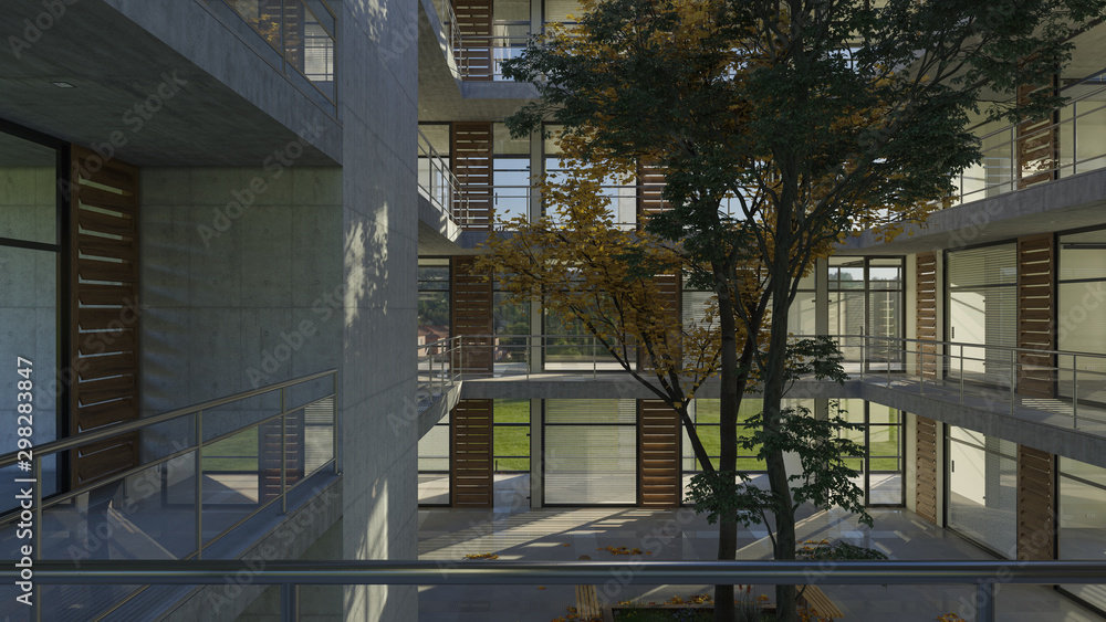 Second Floor Balcony Inside an Empty Office Building with Internal ...