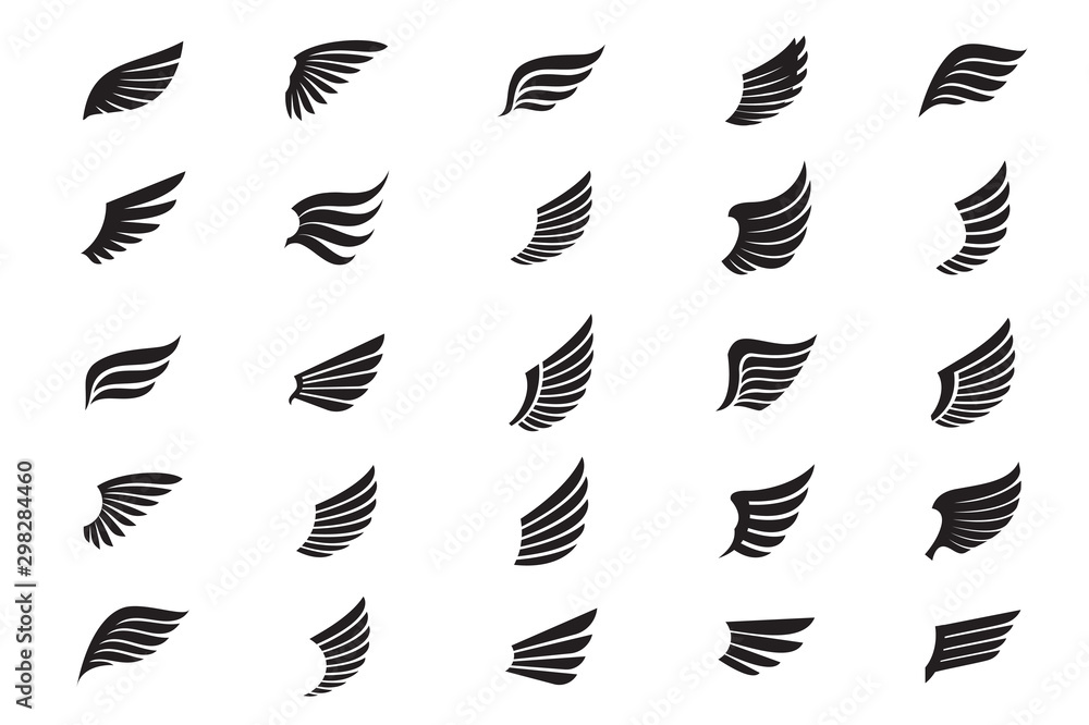 Set of black Wings. Vector Illustration and outline Icons. Stock Vector ...