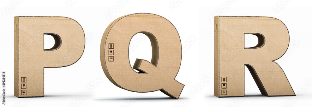 Cardboard texture letters P, Q, R. 3D render. Paperboard alphabet. Font ...