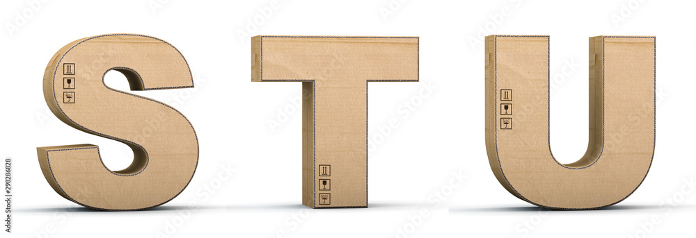 Cardboard texture letters S, T, U. 3D render. Paperboard alphabet. Font ...