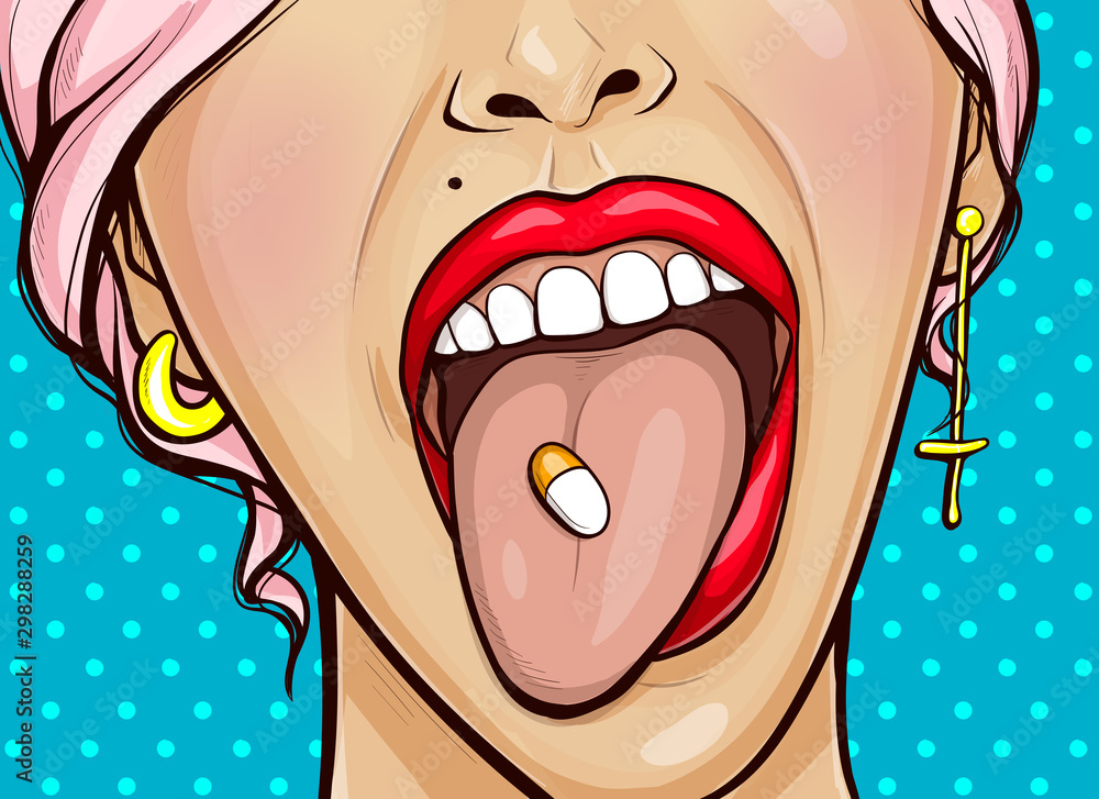 Pill on tongue, woman face with open mouth and red lips demonstrate ...