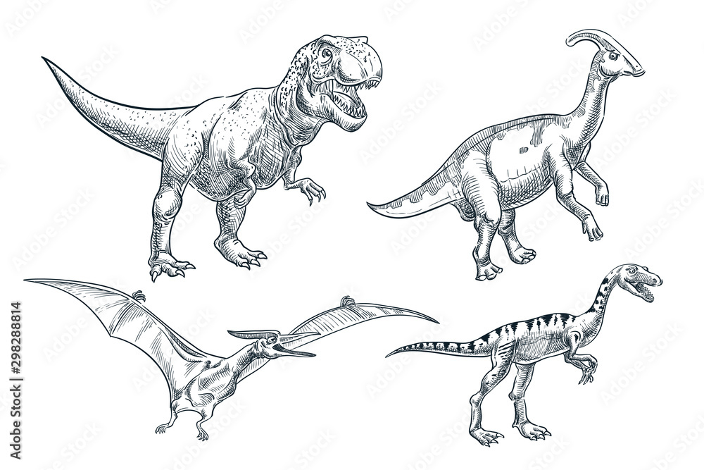 Dinosaur hand drawn sketch illustration. Dino collection, isolated on ...
