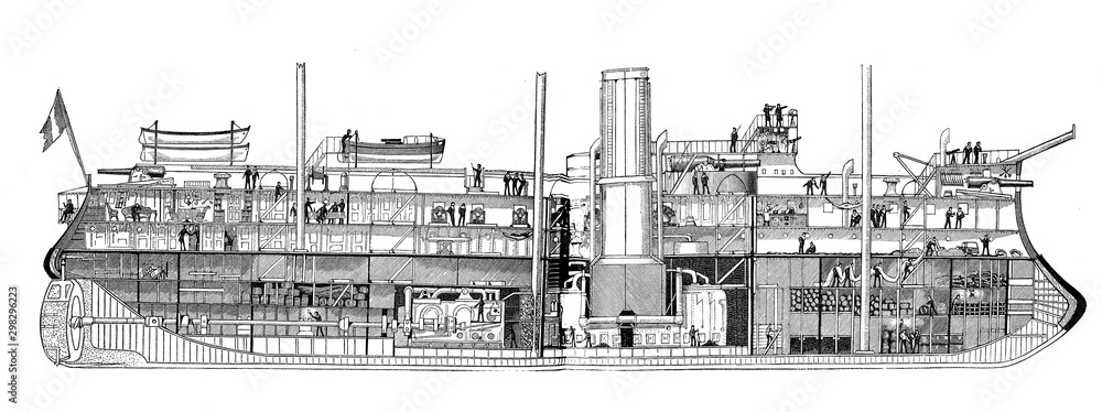 French heavily armed ironclad warship, longitudinal section design ...