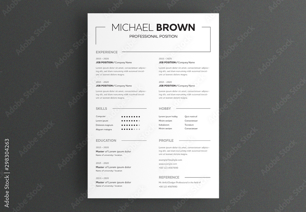 Minimalist Resume Layout With Black Accent Stock Template | Adobe Stock