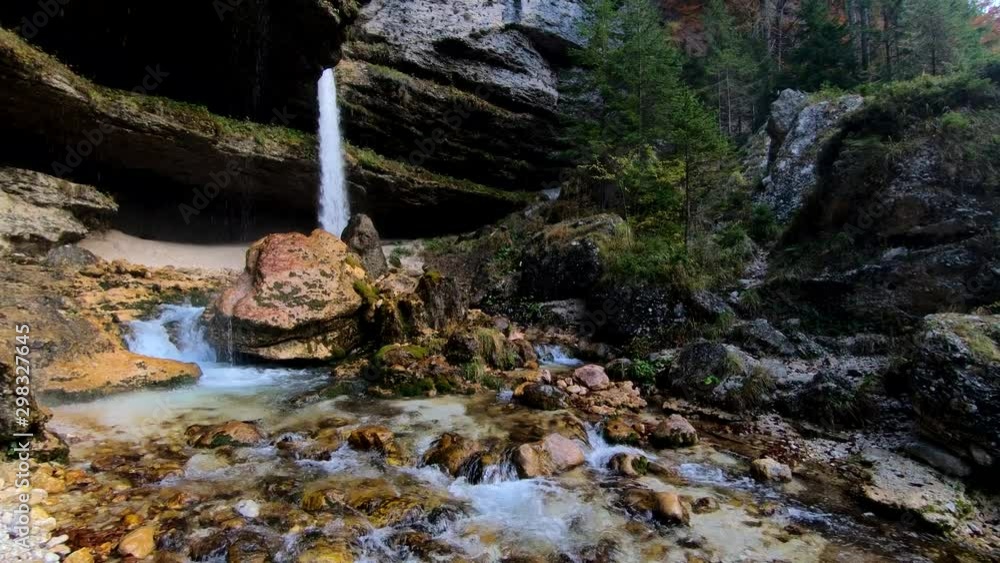 4k left side pan view of upper Pericnik waterfall falling in pristine ...