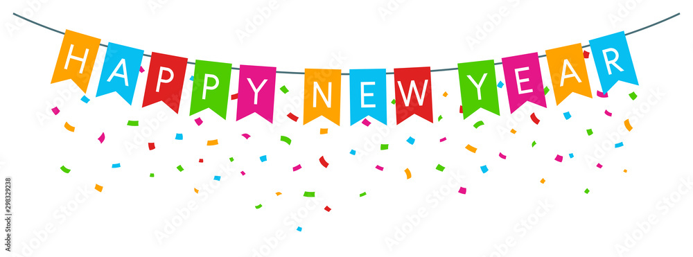 Happy New Year vector banner. Hanging banner with confetti. Stock ...