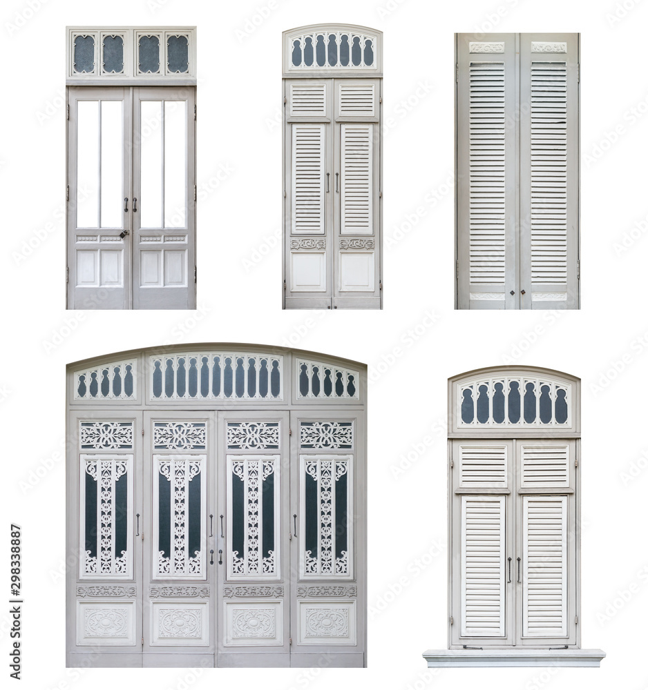 Set of real classic style wooden window frame isolated on white ...