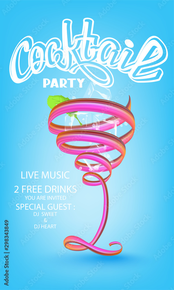 Cocktail party invitation card with cocktail glass made from ribbon and ...