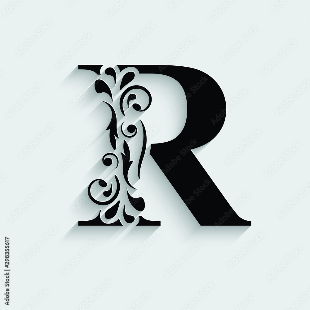 letter R. Black flower alphabet. Beautiful capital letters with shadow ...
