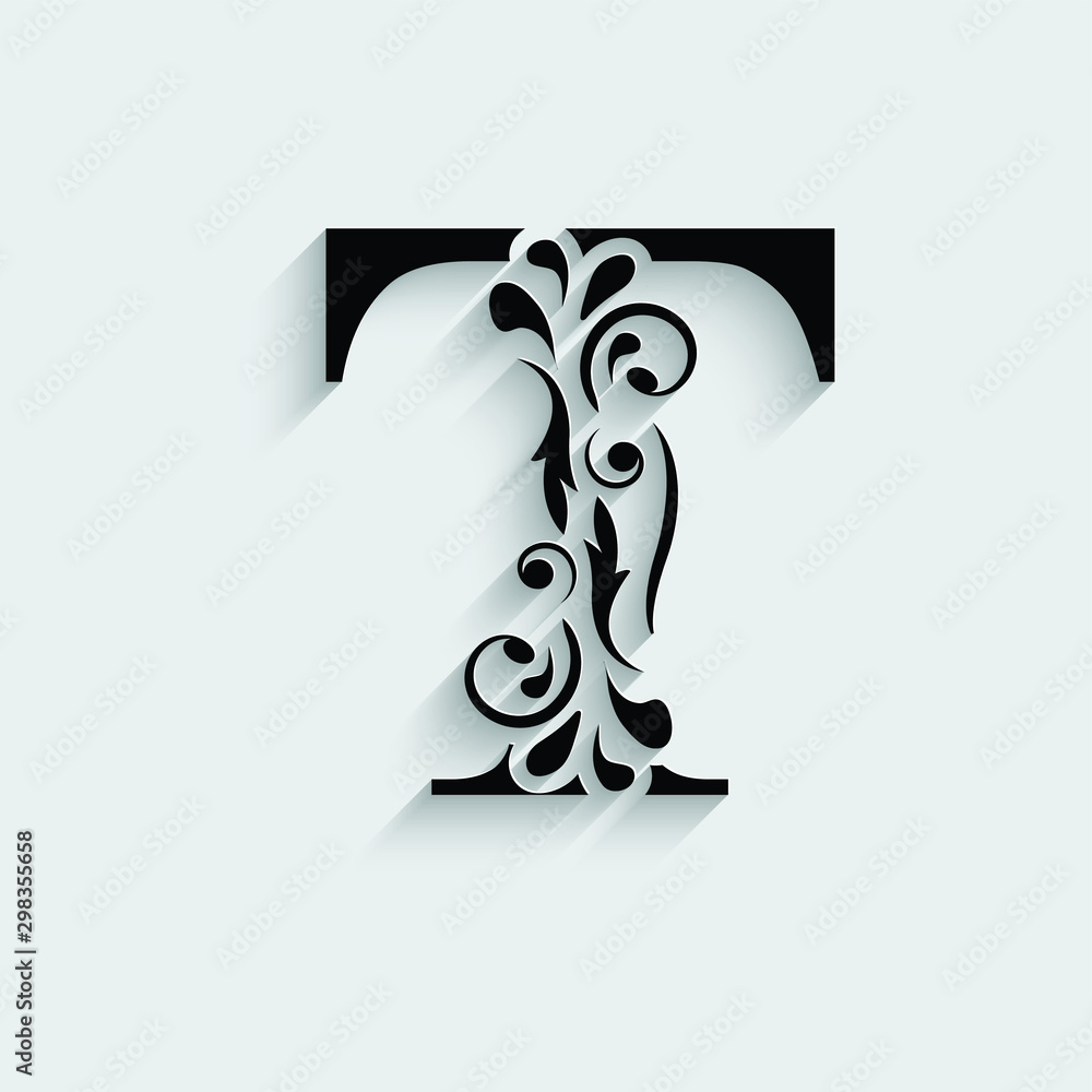 letter T. Black flower alphabet. Beautiful capital letters with shadow ...