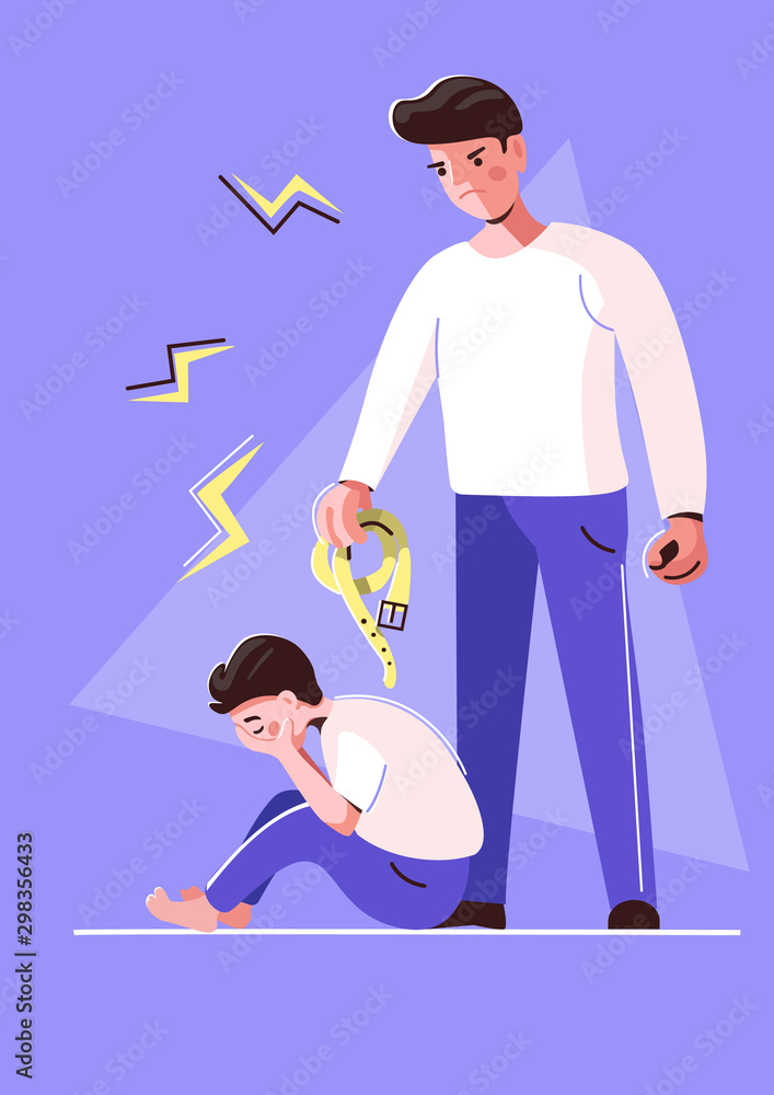 The child is crying from fear of evil a man with a strap in his hands ...