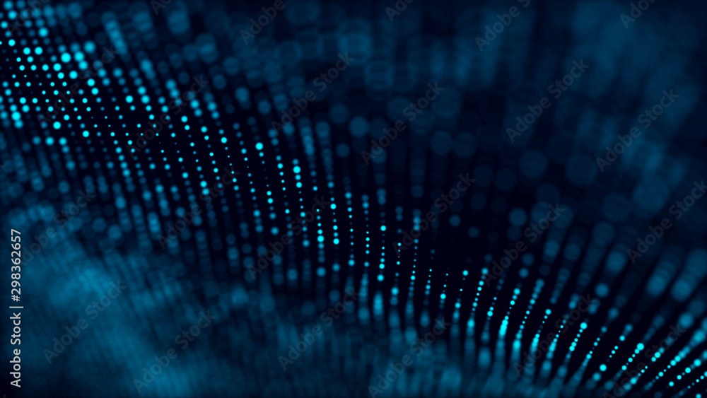 Abstract dark background with movement of luminous particles. Digital ...