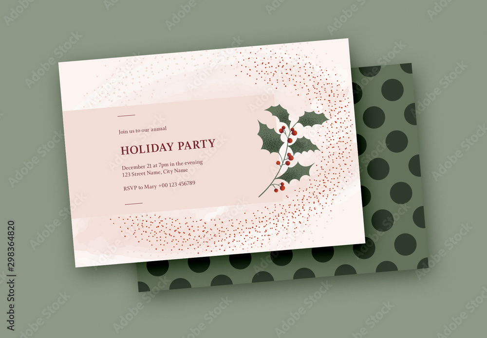 Holiday Party Invitation Layout with Holly Illustration Stock Template ...