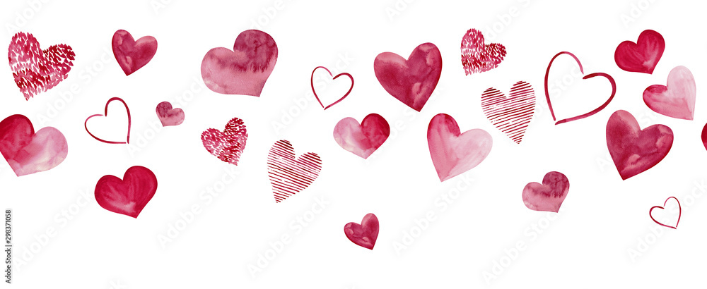 Seamless watercolor header with pink hearts on white background ...