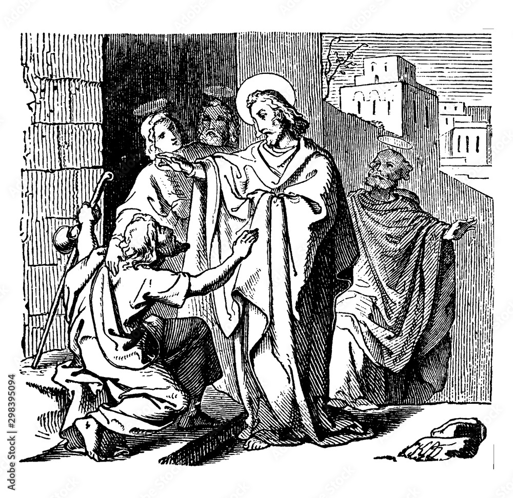 Jesus Heals a Blind Beggar named Bartimaeus at Jericho vintage illustration. vector de Stock ...