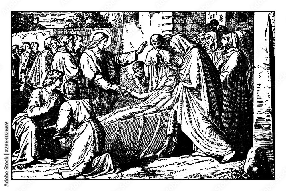 Jesus Raises the Son of the Widow of Nain vintage illustration. Stock ...