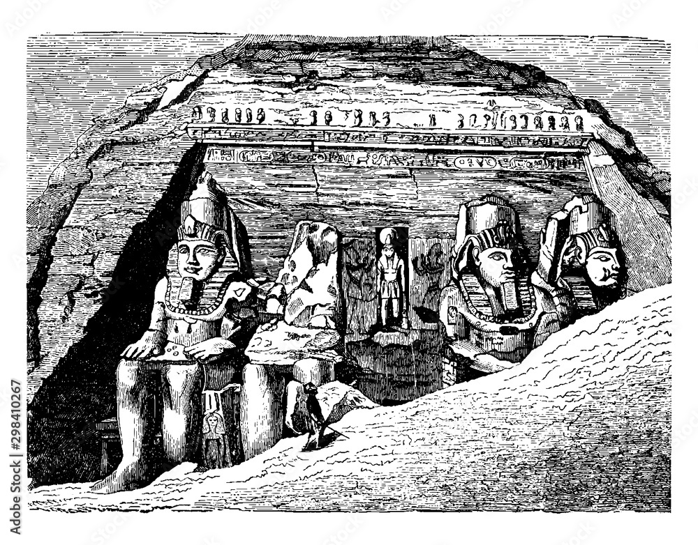 Entrance of the Great Temple at Abu Simbel, double crown, vintage ...