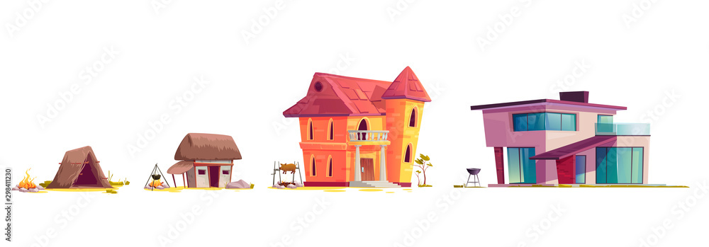 Evolution of house architecture, cartoon vector illustration. Human ...