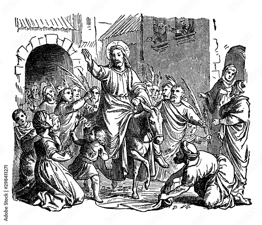 Jesus' Triumphal Entry and Welcome into Jerusalem vintage illustration ...