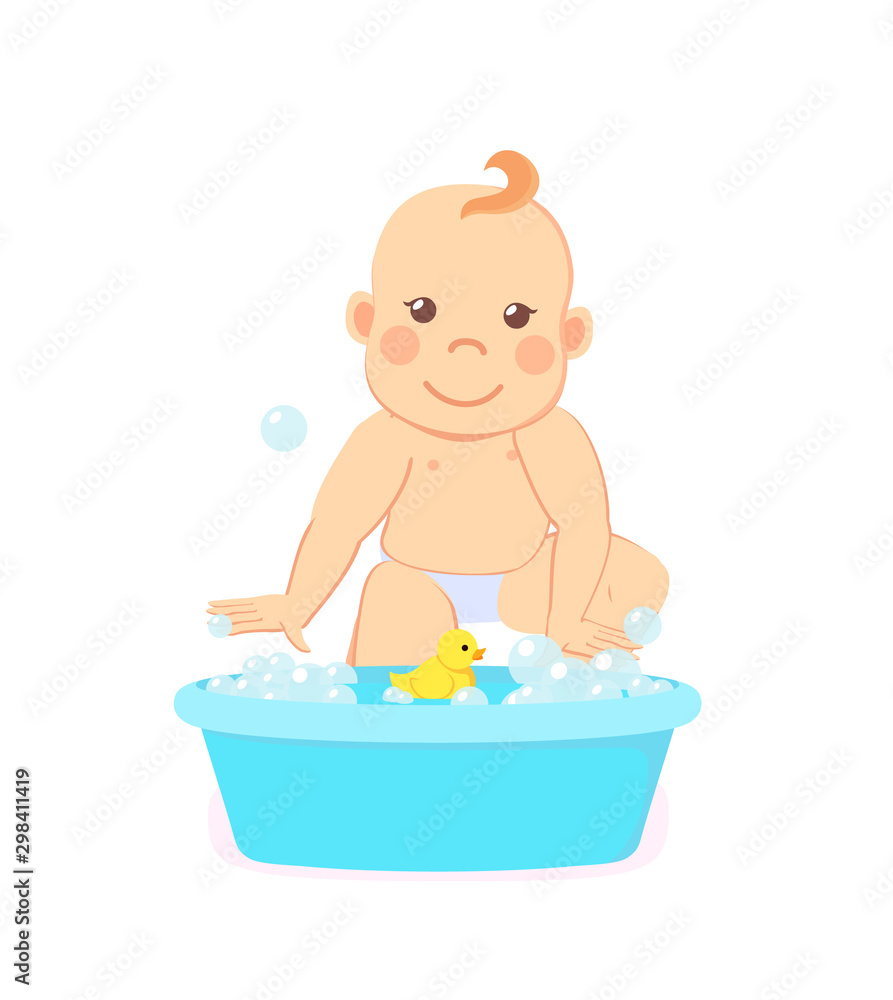 Infant bathing in basin with water isolated new born child. Baby ...