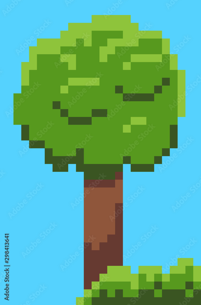 Pixel game elements vector, landscape part tree and bushes designed in ...