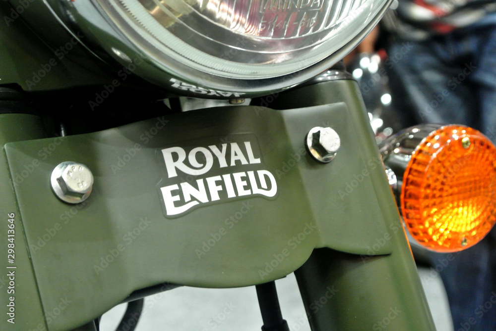 KUALA LUMPUR, MALAYSIA -MARCH 31, 2018: ROYAL ENFIELD motorcycle brand ...