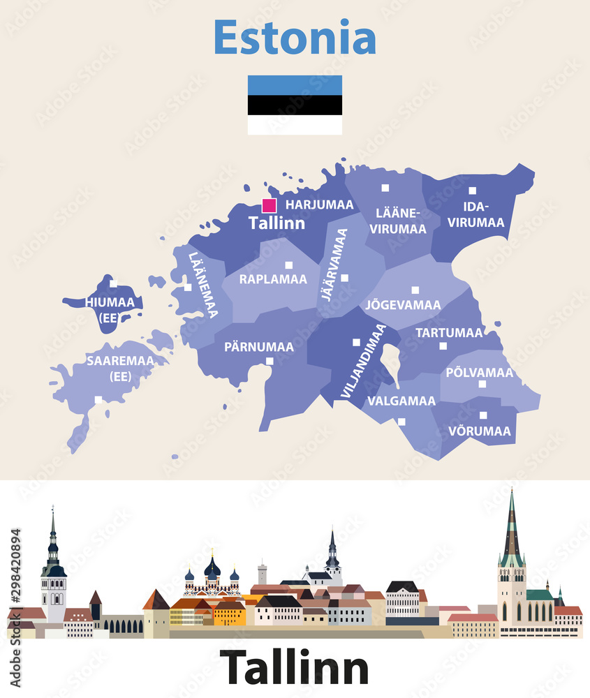 Estonia regions map with Tallinn city skyline. Vector illustration ...