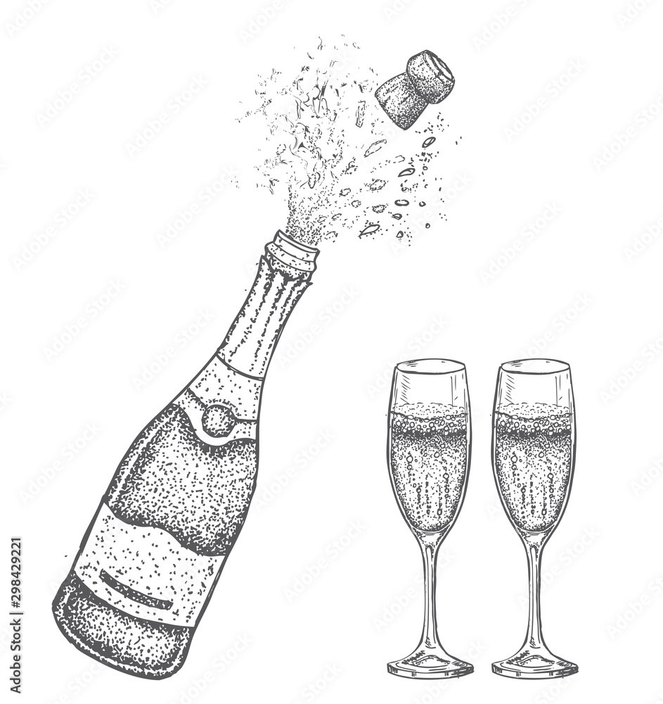 Champagne glasses. Bottle of champagne. Vector illustration of hand ...