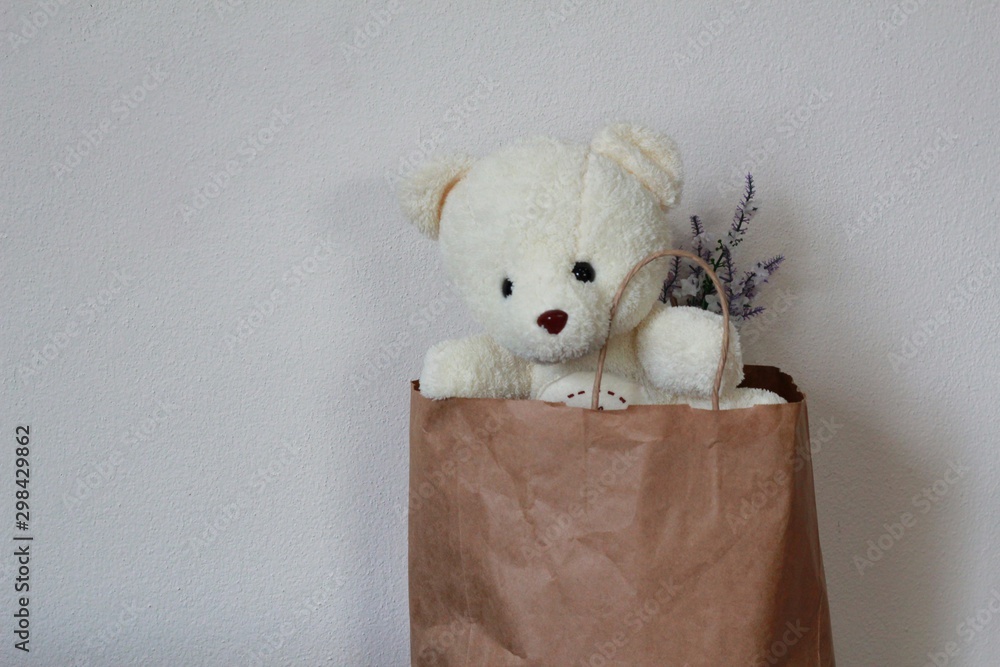 Poster a cute white teddy in the brown paper bag – Wall Art | UkPosters