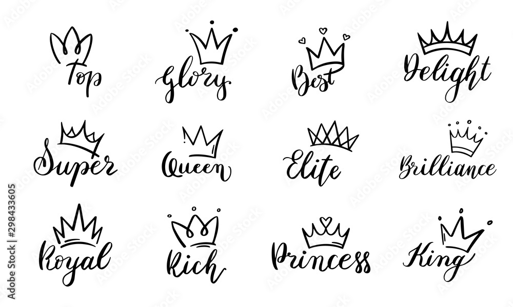 Doodle crowns lettering. Crown with text elements, sketch, majestic ...