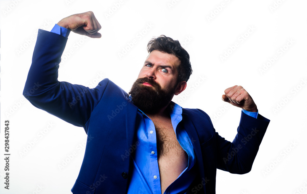 Handsome business man in suit showing arms muscles. Bearded man shows ...