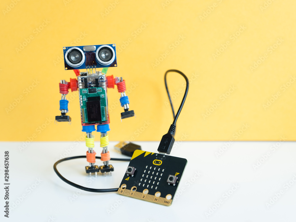Minsk, Belarus. October, 2019. The BBC robot Micro Bit is near the ...