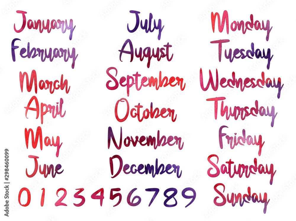 Watercolor lettering of month names, days of week, dates/numbers. Stock ...