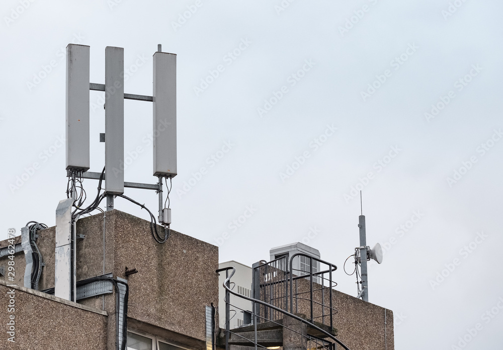 Detailed view of mobile 3G and 4G communications masts and equipment ...