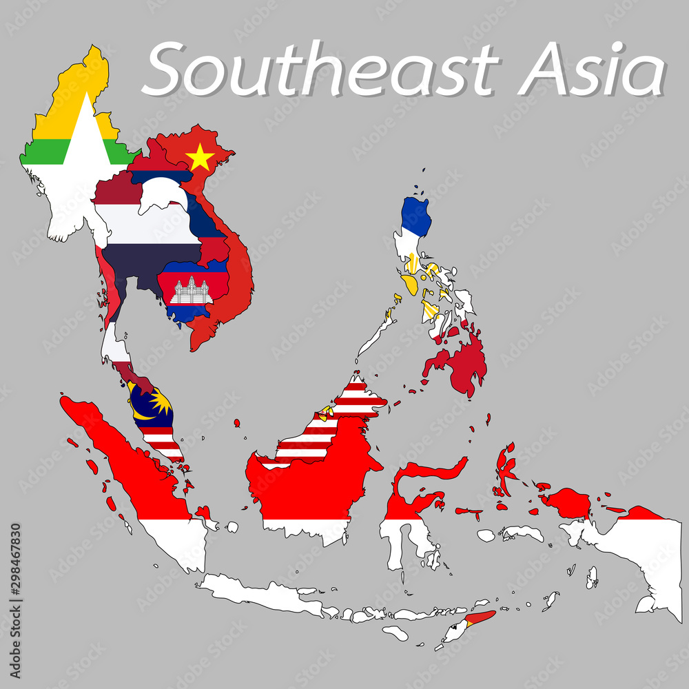 Southeast Asia map Displayed as the national flag of each country ...