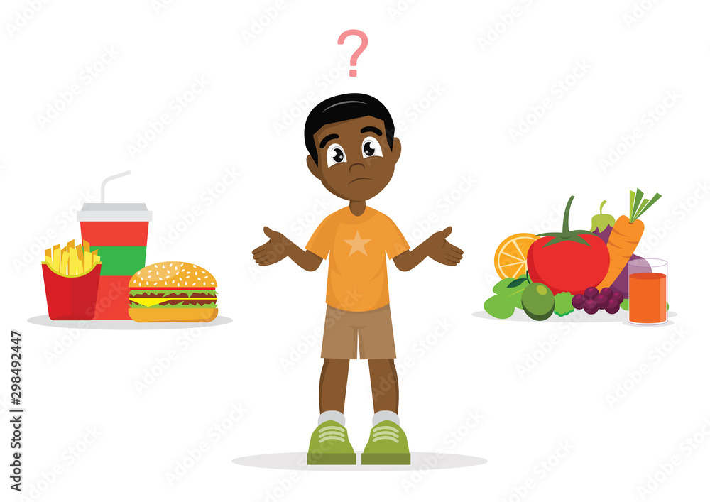 Cartoon character, The choice of African Boy. junk food or healthy food ...