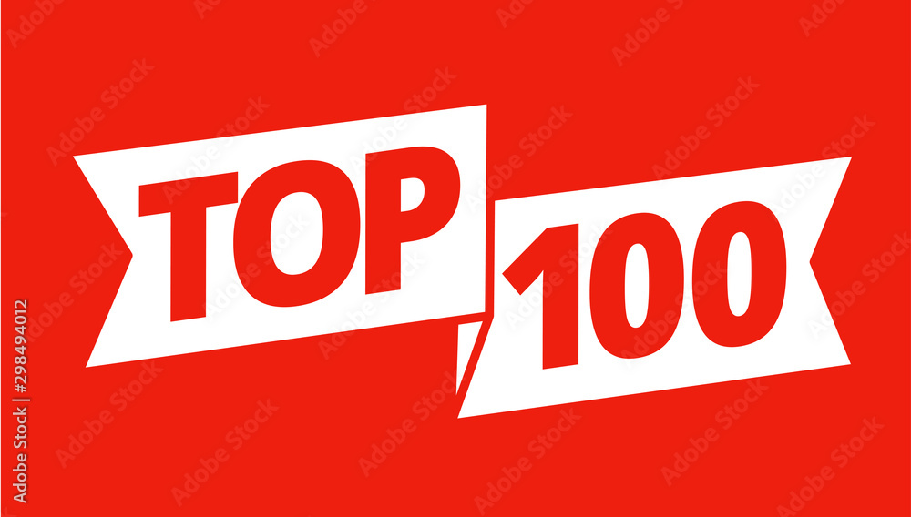 Top 100. Best ten list. Red word on ribbon. Winner tape award text ...